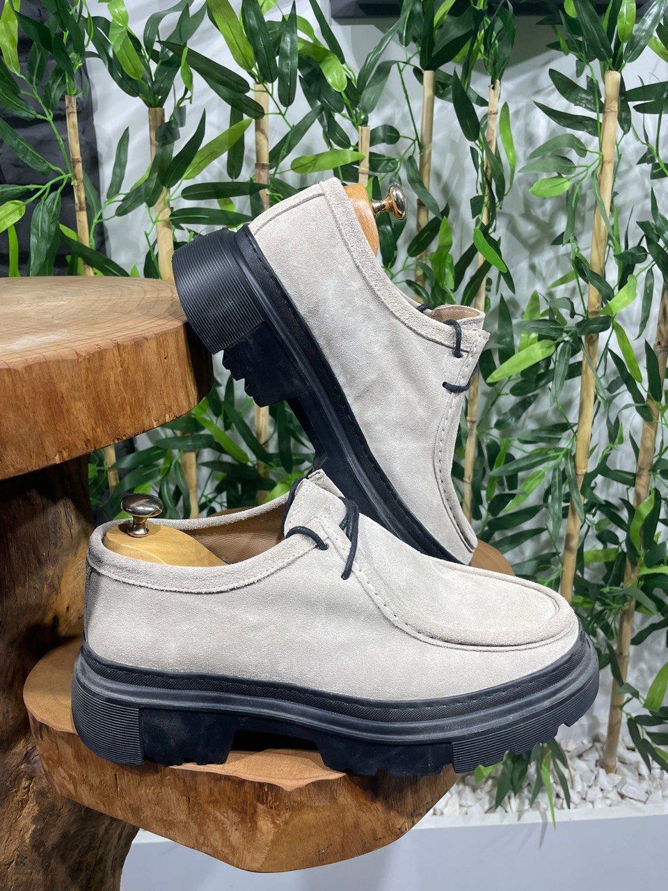 HolloMen Beige Leather Chunky Sole Derby Shoes.