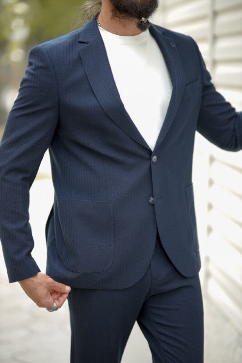 Navy Blue Slim Fit Seersucker Sports Suit – HolloMen