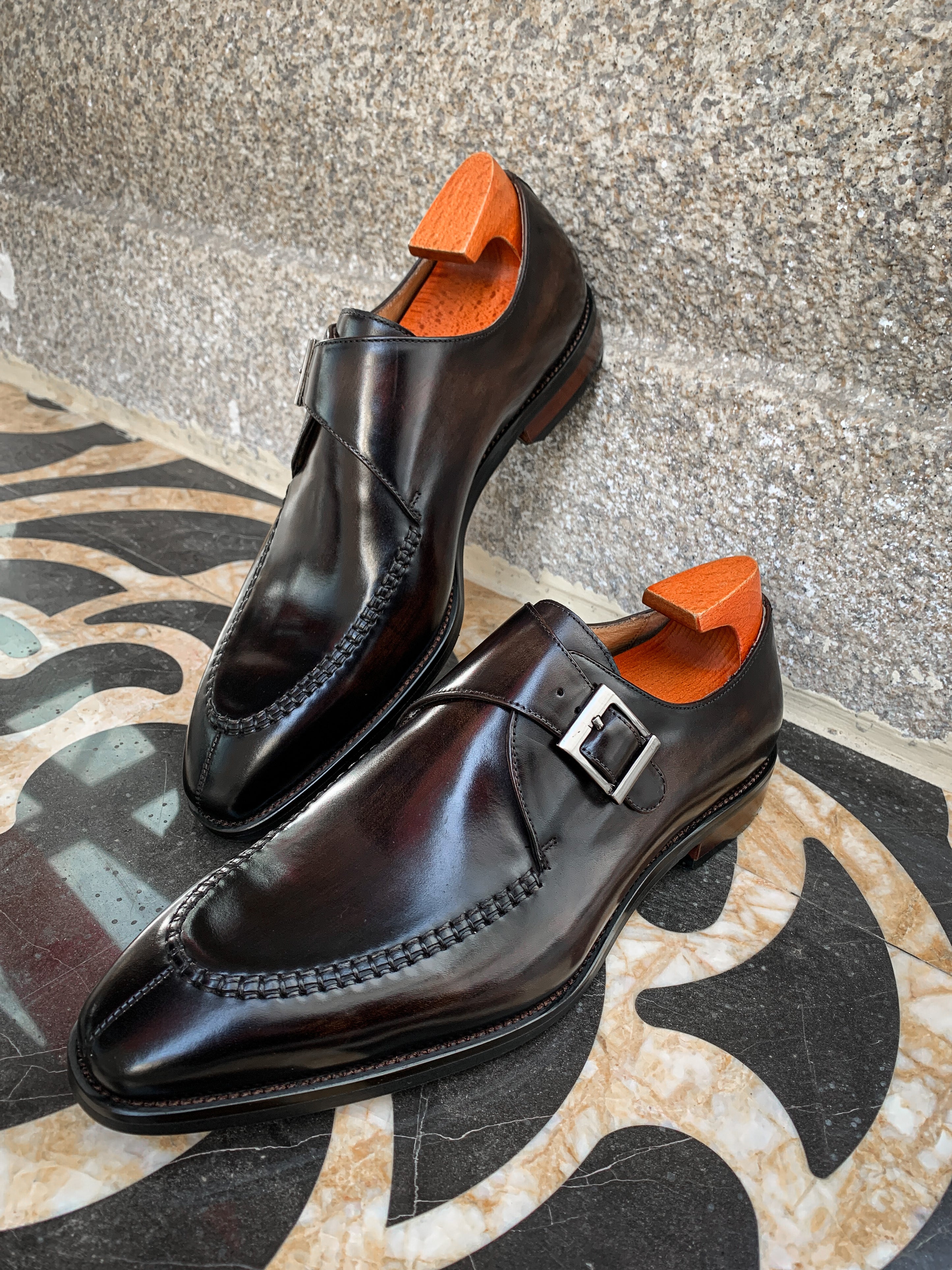 Handcrafted Dark Brown Single Monk Strap Shoes – HolloMen
