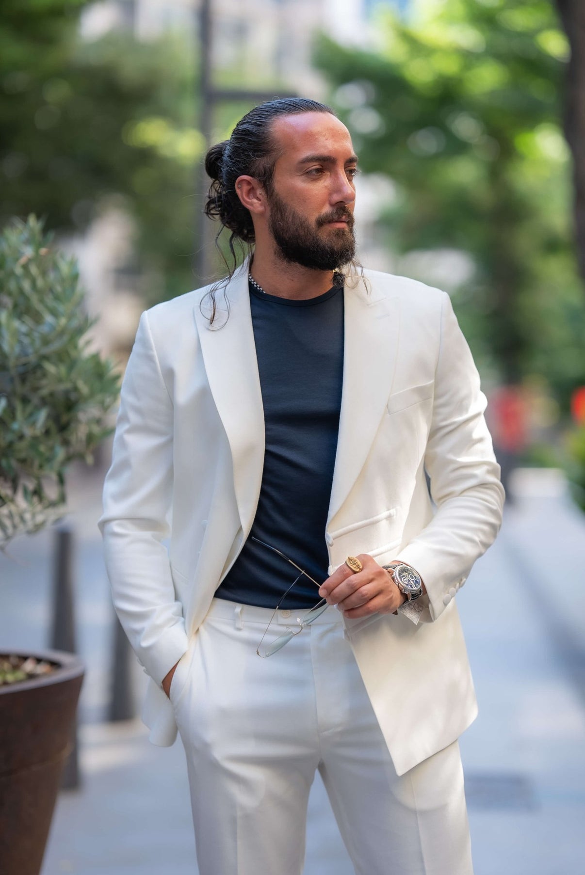 Ecru Striped Mono Collar Suit - The Ultimate Fashion Choice. – HolloMen