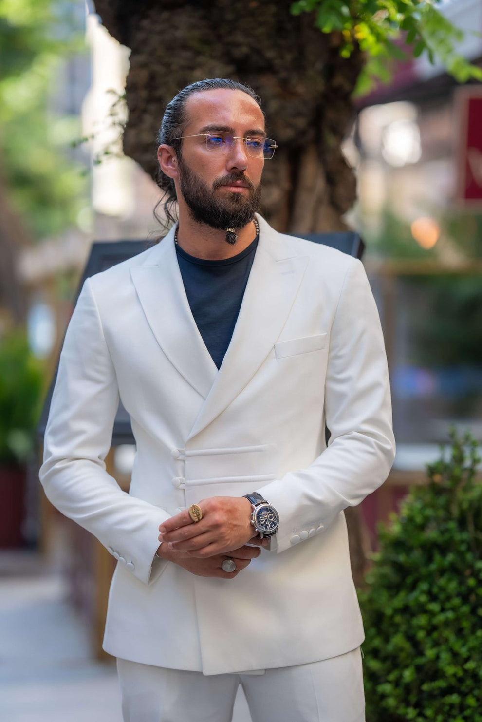 Ecru Striped Mono Collar Suit - The Ultimate Fashion Choice. – HolloMen