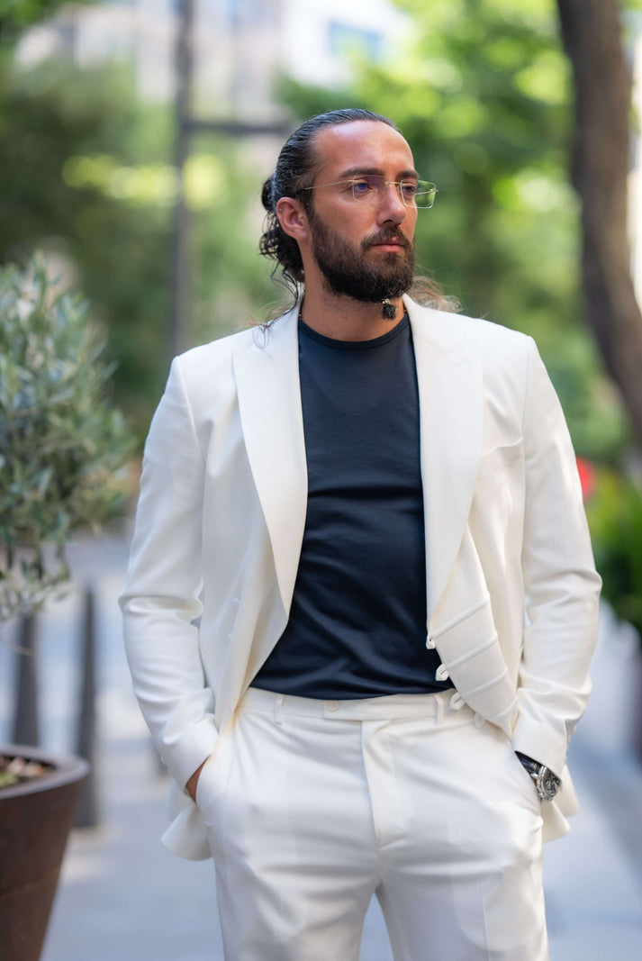 Ecru Striped Mono Collar Suit - The Ultimate Fashion Choice. – HolloMen
