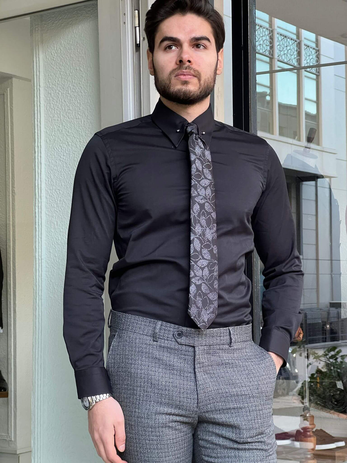 HolloMen Needle Collar Black Shirt