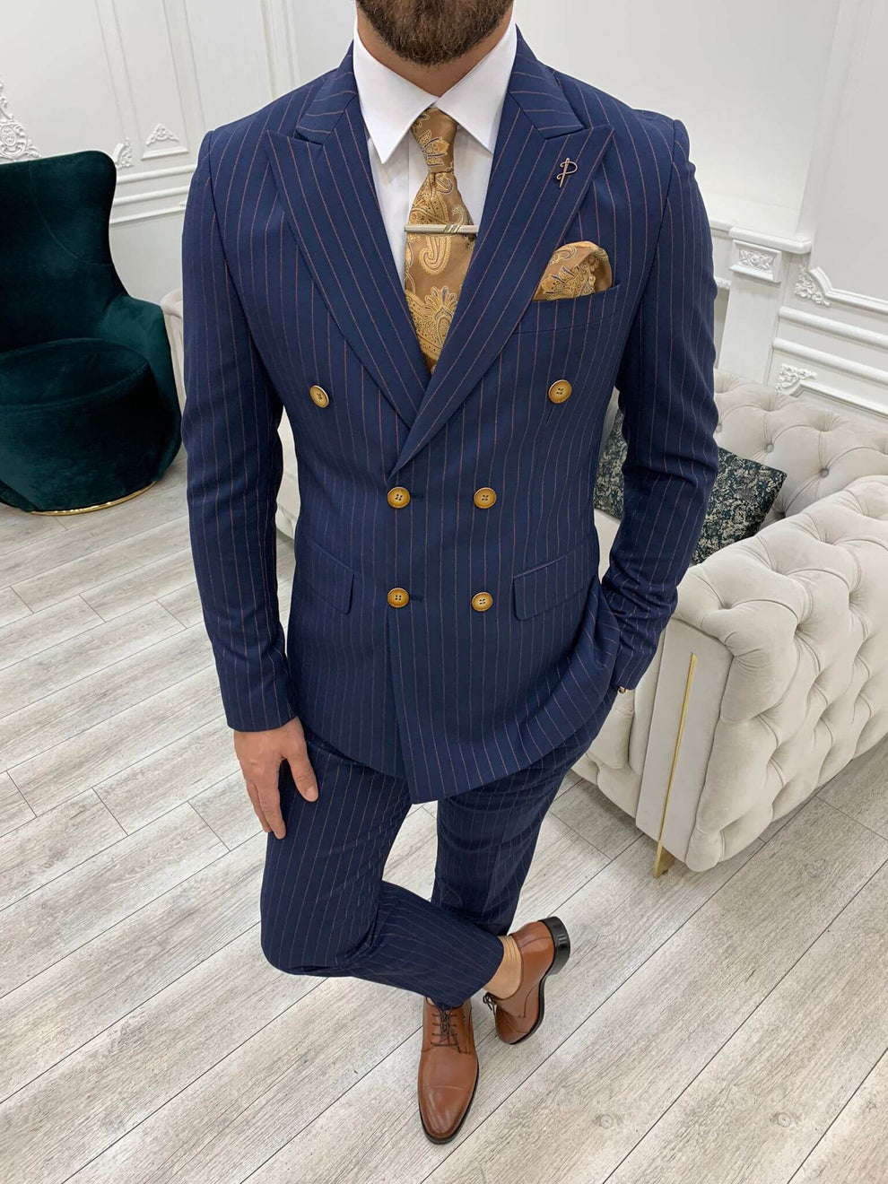 Pinstripe Navy Blue Double Breasted Suit – HolloMen