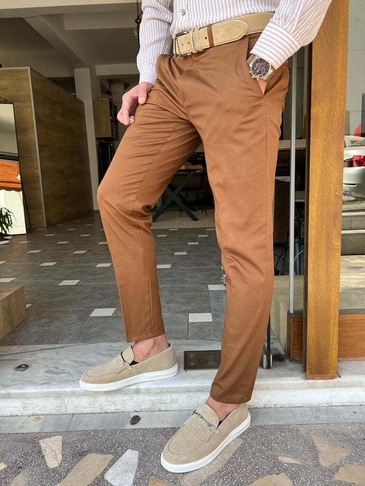 HolloMen Camel Slim Fit Business Casual Pants.
